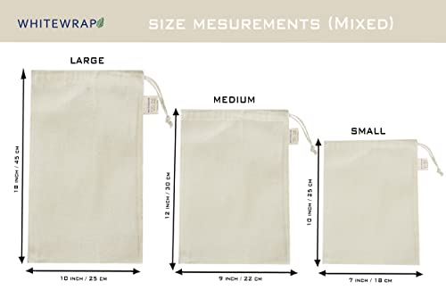 WHITEWRAP Reusable Produce Bags with Drawstrings | Mixed (S, M, L) |12-Pack |Eco Friendly Bags, Food Storage, Natural Cotton, Biodegradable Fabric Bags, Snack Bags, Cloth Bags, Gift Bag