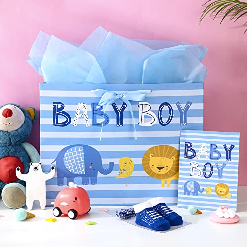 Loveinside Baby Boy Gift Bag with Tissue Paper and Greeting Card for Baby Shower, New Parents, and More - 16.5" x 12.6" x 5.7", 1 Pcs