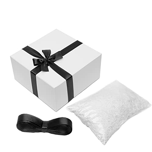 Set of 6 Glossy Laminated Gift Boxes, Boxes For Wrapping Gifts 8x8x4 Inches, Gift Boxes For Presents Includes 1 White Shredded Filling Paper Bag and 1 Black Satin Ribbon, Gift Box in Color White.