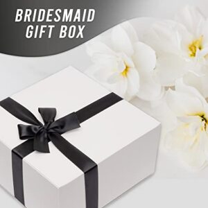 Set of 6 Glossy Laminated Gift Boxes, Boxes For Wrapping Gifts 8x8x4 Inches, Gift Boxes For Presents Includes 1 White Shredded Filling Paper Bag and 1 Black Satin Ribbon, Gift Box in Color White.