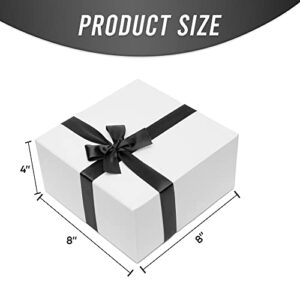 Set of 6 Glossy Laminated Gift Boxes, Boxes For Wrapping Gifts 8x8x4 Inches, Gift Boxes For Presents Includes 1 White Shredded Filling Paper Bag and 1 Black Satin Ribbon, Gift Box in Color White.