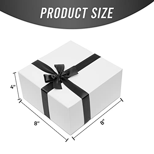 Set of 6 Glossy Laminated Gift Boxes, Boxes For Wrapping Gifts 8x8x4 Inches, Gift Boxes For Presents Includes 1 White Shredded Filling Paper Bag and 1 Black Satin Ribbon, Gift Box in Color White.