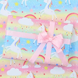 Birthday Wrapping Paper For Kids Girls Boys, Unicorn Design Gift Wrapping Paper for Birthday Baby Shower with 78.7 inches Ribbon, 4 Sheets Folded Flat 20x28 inches per sheet