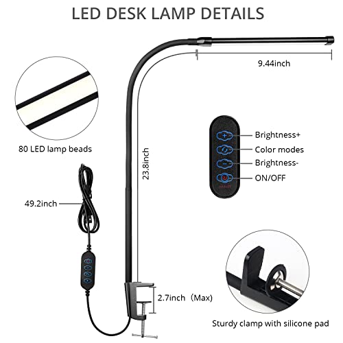 Semlos LED Desk Light, LED Desk Lamps for Home Office with Clamp, 80LEDs Eye Caring Light with 3 Color Modes & 10 Brightness Level, Flexible Gooseneck lamp, Easy Clip on Reading Light for Headboard