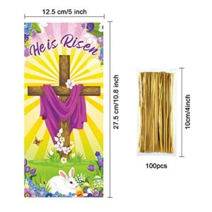 100 Pieces Plastic Easter Treat Bags, Inspiring He is Risen Sign Clear Cellophane Cookie Candy Goody Treat Bags with 100 Gold Twist Ties for Easter Theme Bible School Party Favor