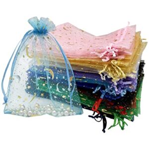 Jexila 100PCS Moon Star Organza Bags 4''X6'' Mixed Color Small Jewelry Bags with Drawstring Mesh Gift Bags for Wedding Party Favor Candy Bags