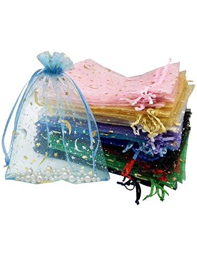 Jexila 100PCS Moon Star Organza Bags 4''X6'' Mixed Color Small Jewelry Bags with Drawstring Mesh Gift Bags for Wedding Party Favor Candy Bags