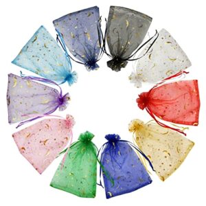 Jexila 100PCS Moon Star Organza Bags 4''X6'' Mixed Color Small Jewelry Bags with Drawstring Mesh Gift Bags for Wedding Party Favor Candy Bags