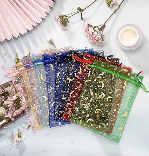 Jexila 100PCS Moon Star Organza Bags 4''X6'' Mixed Color Small Jewelry Bags with Drawstring Mesh Gift Bags for Wedding Party Favor Candy Bags