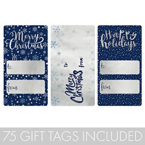 Blue and Silver Foil Christmas Snowflake Holiday Peel and Stick Gift Tag Labels - 75 Stickers