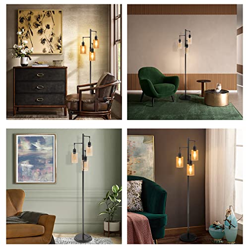 Liylan Farmhouse Floor Lamps Dimmable for Living Room, Oil Rubbed Bronze Tree Standing lamp , 3 Lights Tall Pole Lighting with Amber Glass Shade