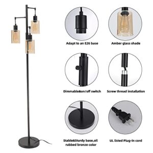 Liylan Farmhouse Floor Lamps Dimmable for Living Room, Oil Rubbed Bronze Tree Standing lamp , 3 Lights Tall Pole Lighting with Amber Glass Shade