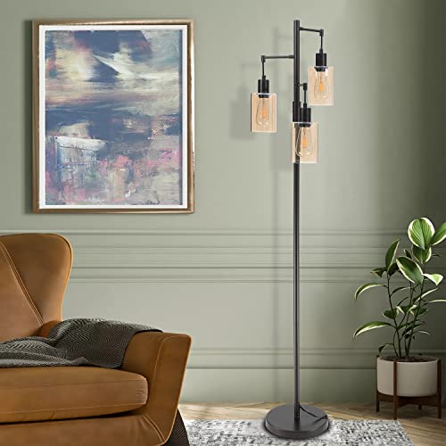 Liylan Farmhouse Floor Lamps Dimmable for Living Room, Oil Rubbed Bronze Tree Standing lamp , 3 Lights Tall Pole Lighting with Amber Glass Shade