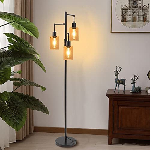 Liylan Farmhouse Floor Lamps Dimmable for Living Room, Oil Rubbed Bronze Tree Standing lamp , 3 Lights Tall Pole Lighting with Amber Glass Shade