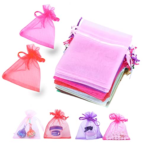 LYSXP 100 Pcs Organza Bags 3×4 Inches，Sheer Organza Gift Bags with Drawstring, Jewelry Favor Pouches Christmas Candy Wedding Birthday Party Bags (Mixed Color,3"×4"）