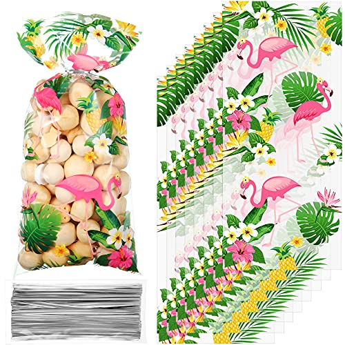 Geyee 100 Pieces Flamingo Cellophane Treat Bags Hawaiian Themed Candy Bags Tropical Pink Flamingos Palm Tree Pineapple Goodie Bags with 100 Pieces Silver Twist Ties for Teens Birthday Party Supplies