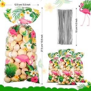 Geyee 100 Pieces Flamingo Cellophane Treat Bags Hawaiian Themed Candy Bags Tropical Pink Flamingos Palm Tree Pineapple Goodie Bags with 100 Pieces Silver Twist Ties for Teens Birthday Party Supplies