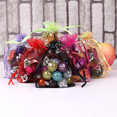 100pcs Organza Wedding Party Gift Bags Butterfly Drawstring Pouches Jewelry Gift Bags Christmas Party Gift Favor Bags (6"x9", Purple)