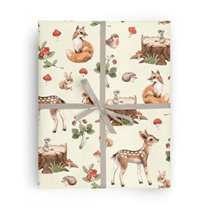 woodland baby animals gift wrap by wrap and revel—baby shower wrapping paper folded flat, 27 x 39 inches with deer, fox, hedgehog, bunny rabbit, mouse