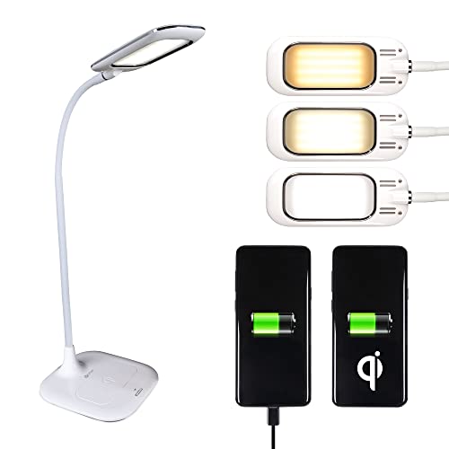 OttLite LED Desk Lamp with Wireless Charging, Prevention Designed to Reduce Eyestrain - Adjustable Flexible Neck, 3 Color Modes & Touch Controls - Crafting, Office Work, Reading & Studying