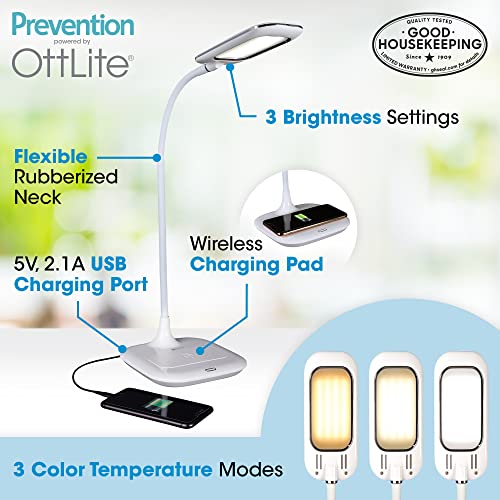 OttLite LED Desk Lamp with Wireless Charging, Prevention Designed to Reduce Eyestrain - Adjustable Flexible Neck, 3 Color Modes & Touch Controls - Crafting, Office Work, Reading & Studying