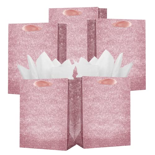 UNIQOOO 12Pcs Embossed Pink Glitter Gift Bags with 24 Tissue Paper Bulk, M 9x7 In, Rose Gold Gift Wrap Bags, Wedding Bridal Favor Bag Gift Packaging, For Christmas, Baby Shower Birthday Holiday Party