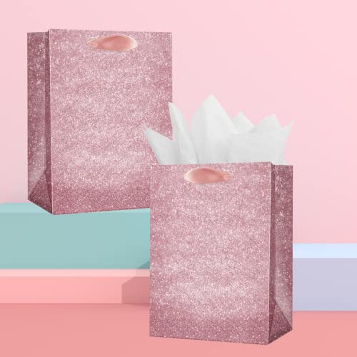 UNIQOOO 12Pcs Embossed Pink Glitter Gift Bags with 24 Tissue Paper Bulk, M 9x7 In, Rose Gold Gift Wrap Bags, Wedding Bridal Favor Bag Gift Packaging, For Christmas, Baby Shower Birthday Holiday Party