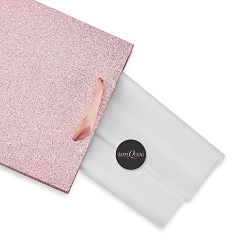 UNIQOOO 12Pcs Embossed Pink Glitter Gift Bags with 24 Tissue Paper Bulk, M 9x7 In, Rose Gold Gift Wrap Bags, Wedding Bridal Favor Bag Gift Packaging, For Christmas, Baby Shower Birthday Holiday Party