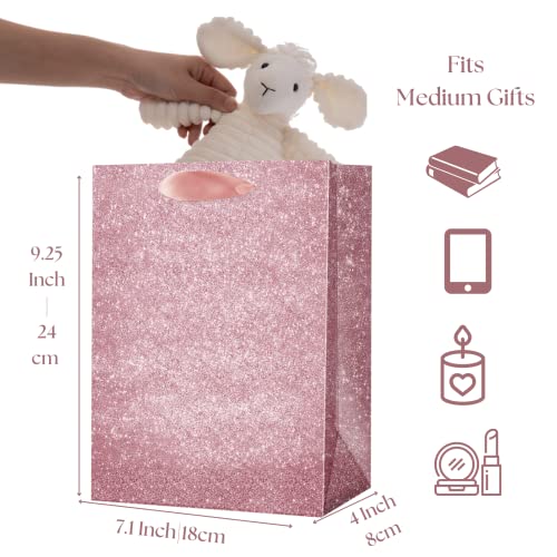 UNIQOOO 12Pcs Embossed Pink Glitter Gift Bags with 24 Tissue Paper Bulk, M 9x7 In, Rose Gold Gift Wrap Bags, Wedding Bridal Favor Bag Gift Packaging, For Christmas, Baby Shower Birthday Holiday Party