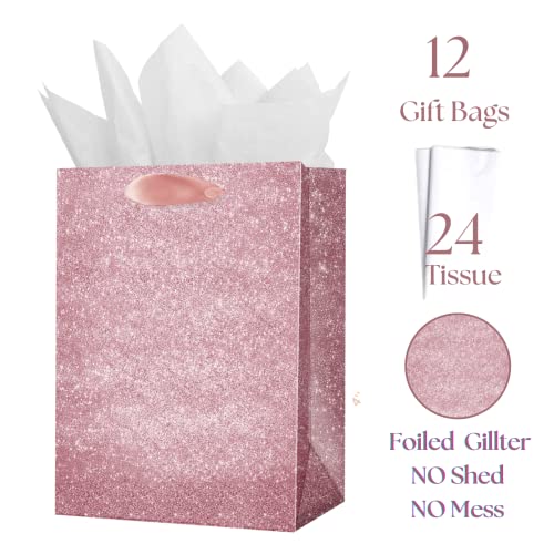 UNIQOOO 12Pcs Embossed Pink Glitter Gift Bags with 24 Tissue Paper Bulk, M 9x7 In, Rose Gold Gift Wrap Bags, Wedding Bridal Favor Bag Gift Packaging, For Christmas, Baby Shower Birthday Holiday Party