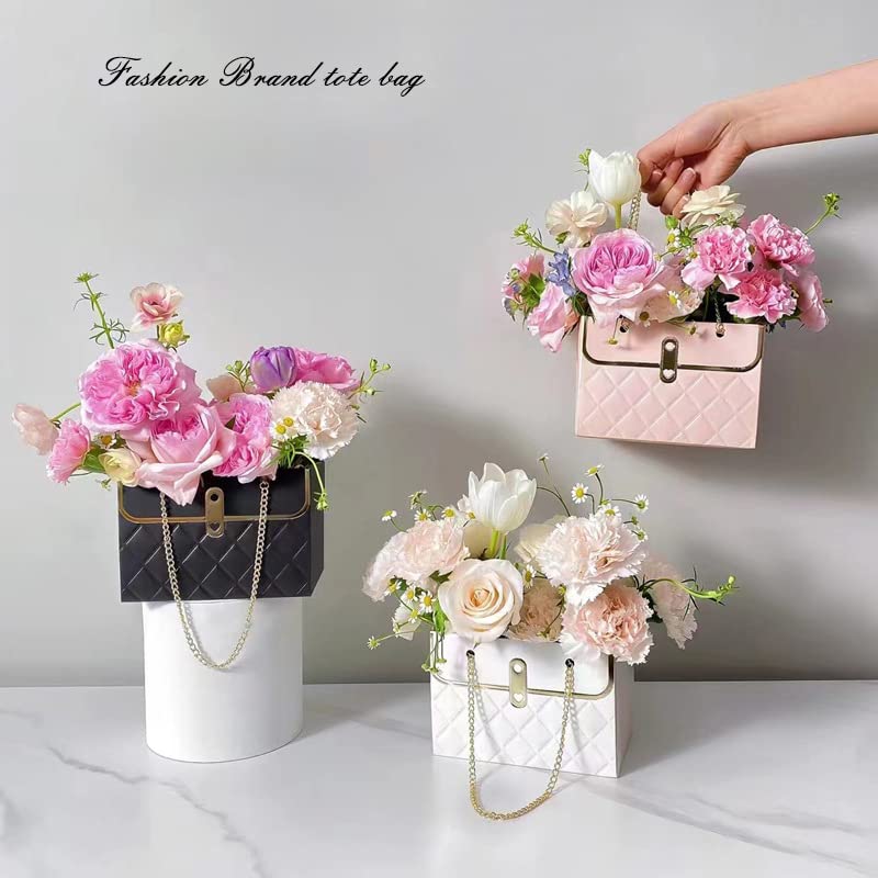 MIFOR 5PCs Paper Flower Gift Bags Bouquet Bags Box with Handle Florist Bag Handbag Gift Case Wedding Valentine's Day Gift Wrap Bags (Pink+White+Black 15pcs)