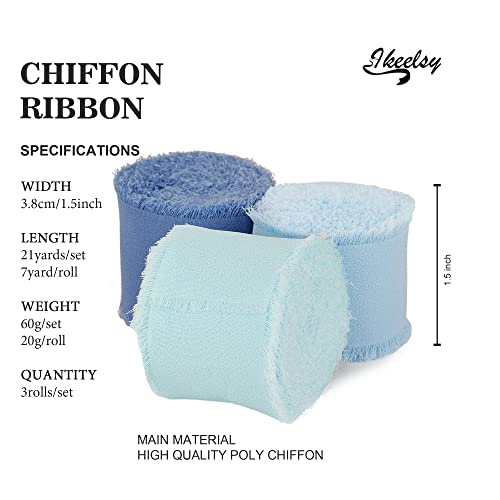 Chiffon Ribbon Fringe Gift Ribbon 3 Rolls 1.5" Wide x 7 Yd Dusty Bule Ribbons Set for Wedding Decor, Gift Wrapping, Bridal Bouquets, Handmade Crafts