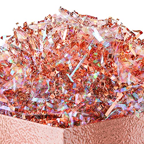 UNIQOOO 1/2 LB Metallic Iridescent Rose Gold Crinkle Cut Paper Shredded Filler, Rosy Pink Gold Grass Raffia Tissue, Strands Shred Craft Bedding Cushion Paper, For Christmas Gifts Wedding Birthday Bridesmaid Engagement Gift Boxes Bags Retail Decoration