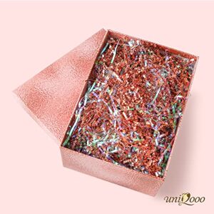 UNIQOOO 1/2 LB Metallic Iridescent Rose Gold Crinkle Cut Paper Shredded Filler, Rosy Pink Gold Grass Raffia Tissue, Strands Shred Craft Bedding Cushion Paper, For Christmas Gifts Wedding Birthday Bridesmaid Engagement Gift Boxes Bags Retail Decoration