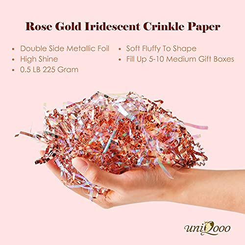 UNIQOOO 1/2 LB Metallic Iridescent Rose Gold Crinkle Cut Paper Shredded Filler, Rosy Pink Gold Grass Raffia Tissue, Strands Shred Craft Bedding Cushion Paper, For Christmas Gifts Wedding Birthday Bridesmaid Engagement Gift Boxes Bags Retail Decoration