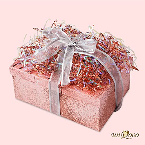 UNIQOOO 1/2 LB Metallic Iridescent Rose Gold Crinkle Cut Paper Shredded Filler, Rosy Pink Gold Grass Raffia Tissue, Strands Shred Craft Bedding Cushion Paper, For Christmas Gifts Wedding Birthday Bridesmaid Engagement Gift Boxes Bags Retail Decoration