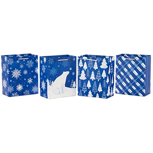 Hallmark 9" Medium Winter Gift Bags (4 Bags: Blue with Snowflakes, Plaid, Polar Bear, Christmas Trees) for Christmas, Hanukkah, Birthdays