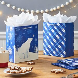 Hallmark 9" Medium Winter Gift Bags (4 Bags: Blue with Snowflakes, Plaid, Polar Bear, Christmas Trees) for Christmas, Hanukkah, Birthdays