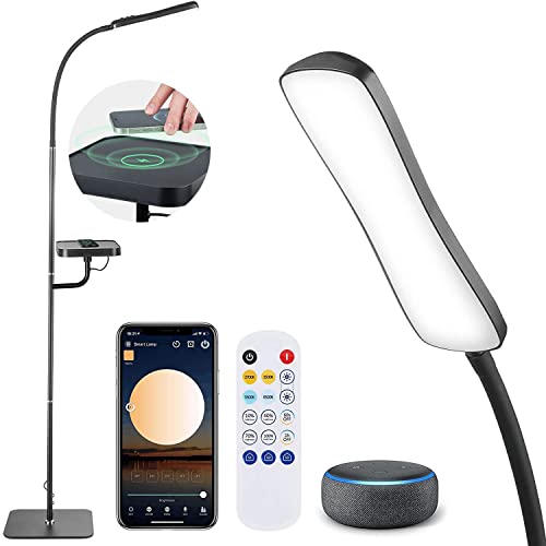 DEKITA LED Floor Lamp with Wireless Charger, 12W Reading Lamps Floor Standing ,3000-6500K Led Floor Reading lamp, Led Floor Lamps for Living Room with Remote Alexa Google Assistant