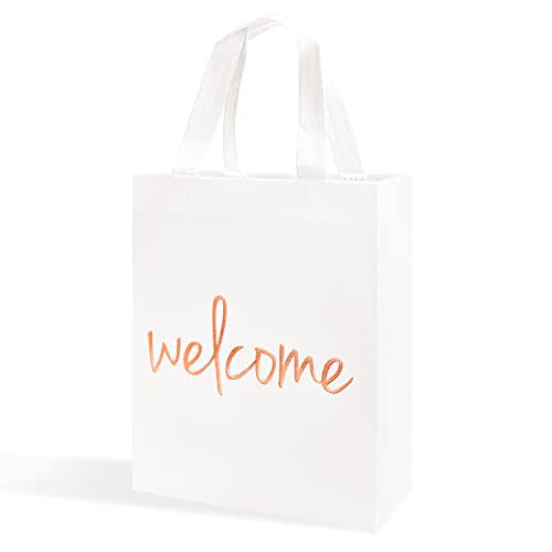 Crisky Reuseable Whtie Rose Gold Welcome Bags for Wedding Birthday Party, 25 Counts Medium Size Eco-Friendly Non-Woven Guest Gift Bags, 11x4x9 Inches