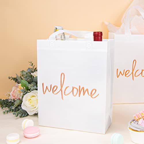 Crisky Reuseable Whtie Rose Gold Welcome Bags for Wedding Birthday Party, 25 Counts Medium Size Eco-Friendly Non-Woven Guest Gift Bags, 11x4x9 Inches