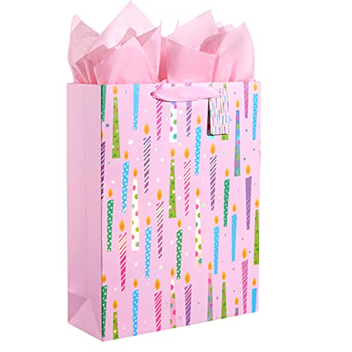 SUNCOLOR 16" Extra Large Gift Bag with Tissue Paper for Girls (Happy Birthday Candles)