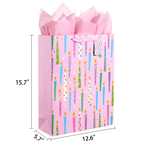 SUNCOLOR 16" Extra Large Gift Bag with Tissue Paper for Girls (Happy Birthday Candles)