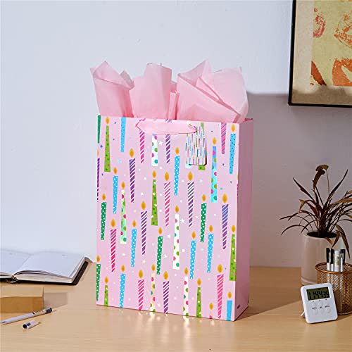 SUNCOLOR 16" Extra Large Gift Bag with Tissue Paper for Girls (Happy Birthday Candles)