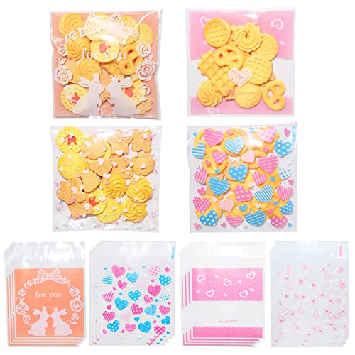 HADDIY Valentine Small Cellophane Candy Bags,200 Pcs Heart Self Adhesive Clear Cookie Treat Bags for Kids Valentines Day Party Favor and Sweet Packing-Pink