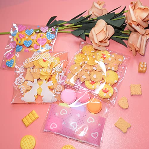 HADDIY Valentine Small Cellophane Candy Bags,200 Pcs Heart Self Adhesive Clear Cookie Treat Bags for Kids Valentines Day Party Favor and Sweet Packing-Pink