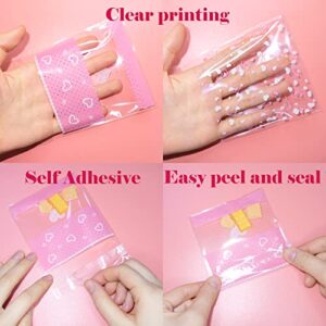 HADDIY Valentine Small Cellophane Candy Bags,200 Pcs Heart Self Adhesive Clear Cookie Treat Bags for Kids Valentines Day Party Favor and Sweet Packing-Pink