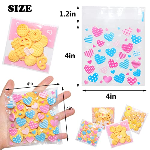 HADDIY Valentine Small Cellophane Candy Bags,200 Pcs Heart Self Adhesive Clear Cookie Treat Bags for Kids Valentines Day Party Favor and Sweet Packing-Pink