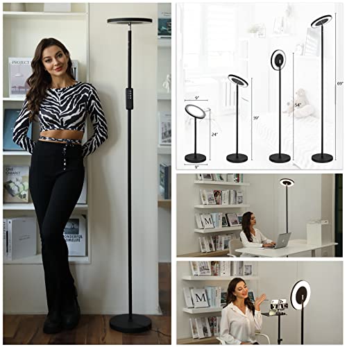 ACODO Floor lamp,LED Modern Double Side Lighting Reading Lamps ,Adjustable Height 4 Color Temperatures Standing Working Tall Lamp with Remote & Touch Control for Living Room,Bedroom, Office (Black)