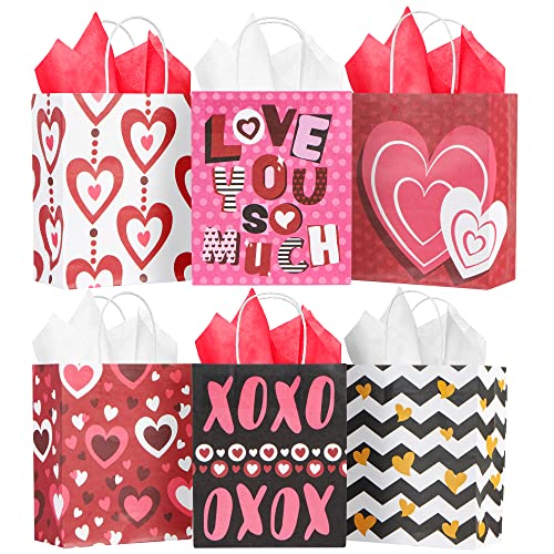 JOYIN 24 Pcs Valentine's Day Paper Gift Bags with Handle, Paper Wrapping Kraft Bags for Funny Gift Giving Novelty Gift Exchange Gift Wrapping Valentines Gift Bags Party Favors